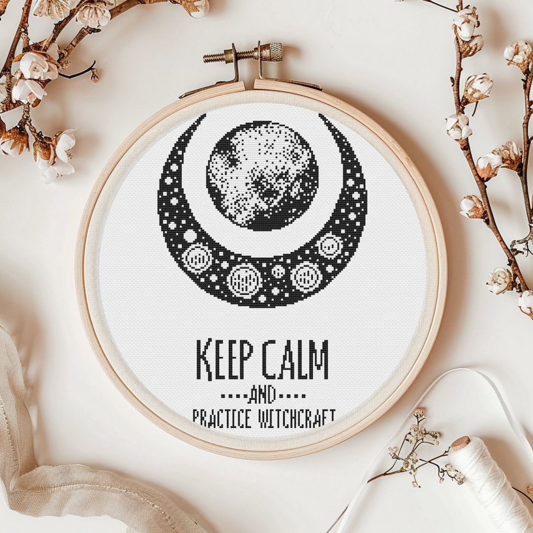 Moon Planets Witch Craft Cross Stitch Pattern, Keep Calm, Monochrome ...