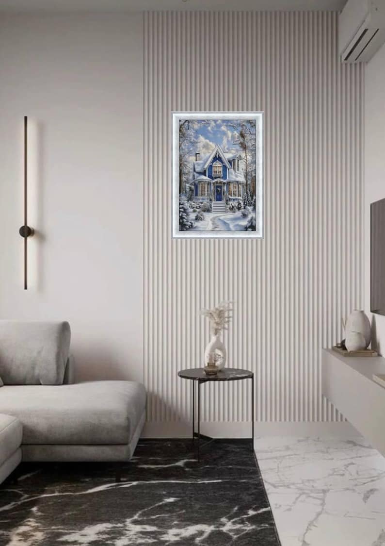 Christmas Blue House Cross Stitch Pattern, Winter Forest Mansion X ...