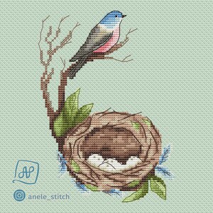 Bird & Nest Cross-stitch Pattern, DIY Spring Wall Art, Eggs in Nest X ...
