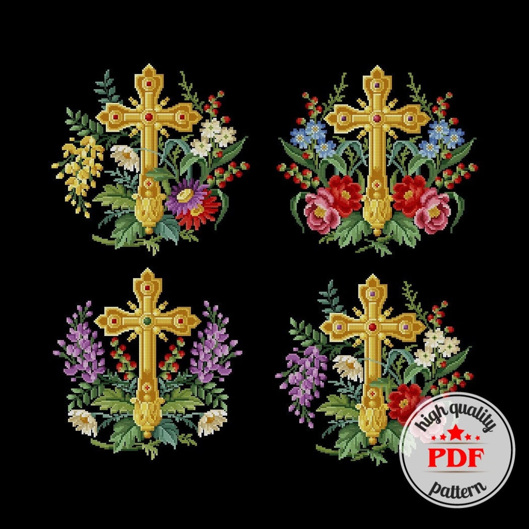 Set of 4 PDF Patterns, Christian Cross With Flowers, Counted Cross ...