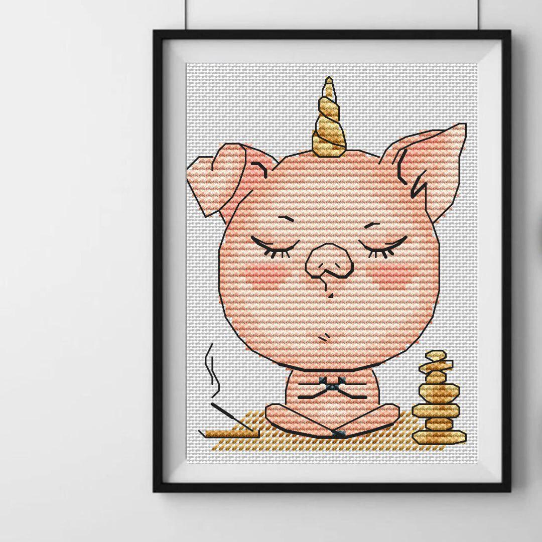 Pig in Meditation Cross-stitch Pattern, Asana Yoga X-stitch Design, Zen ...