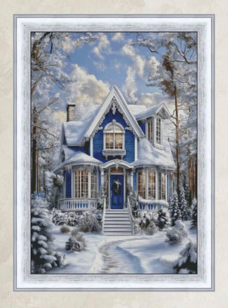 Christmas Blue House Cross Stitch Pattern, Winter Forest Mansion X ...