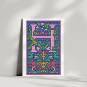 Letter H Monochrome Cross Stitch Pattern, Floral Monogram Font X-stitch ...