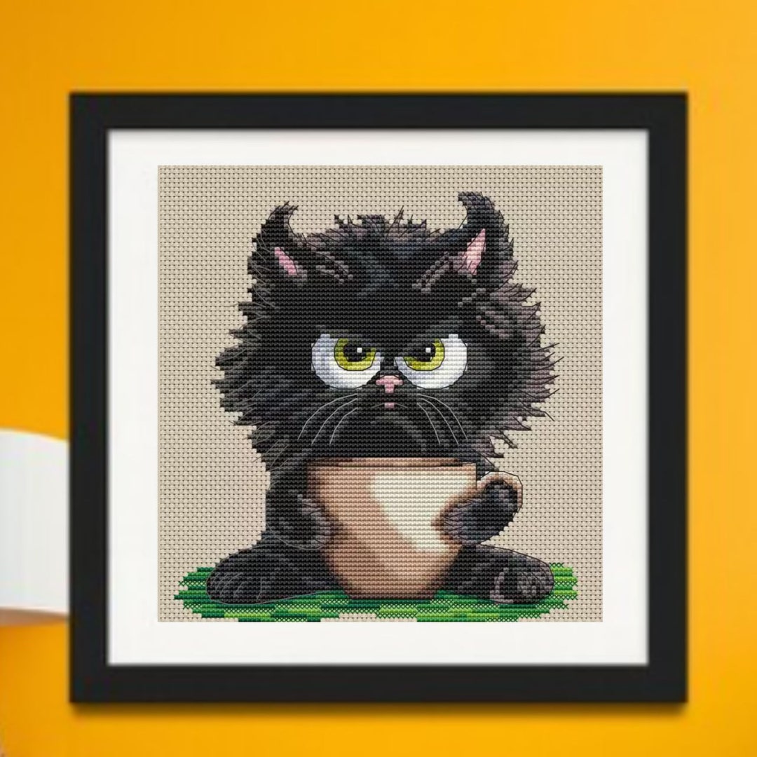 Grumpy Cat Cross-stitch Pattern, Fluffy Black Kitten X-stitch Design ...