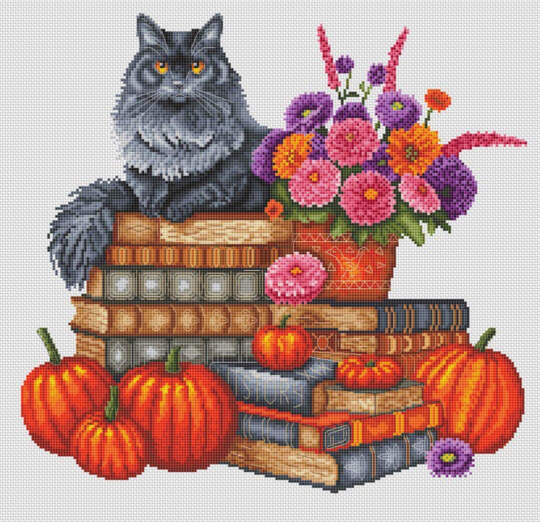 Cute Fluffy Scientist Cat Cross-stitch Pattern, Pumpkin and Cat X ...