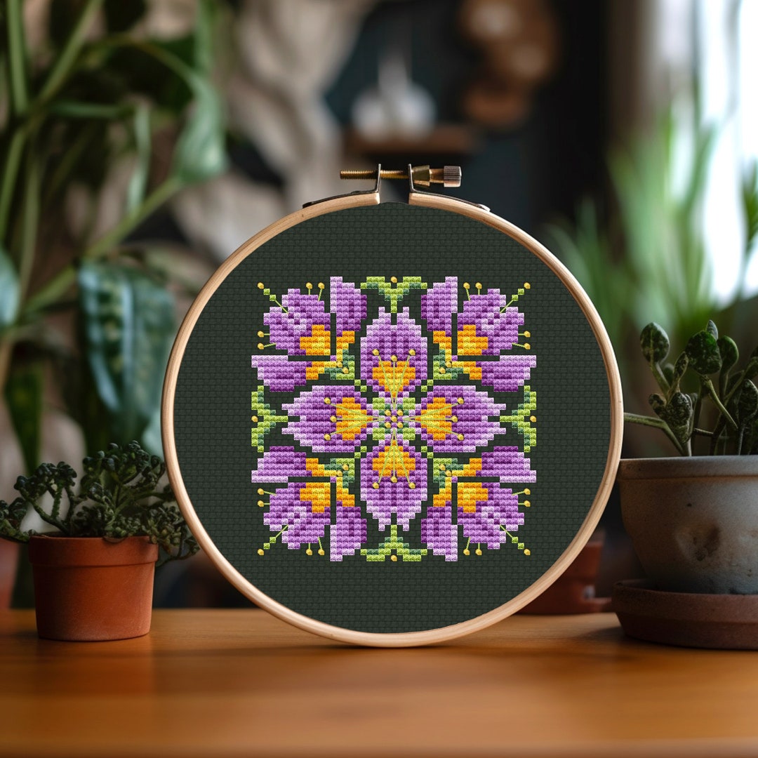 Purple Crocus Cross Stitch Pattern, Geometric Flower Style X-stitch Pdf ...