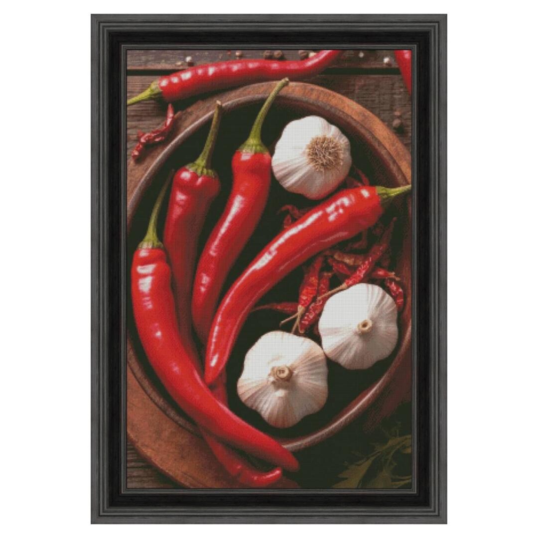 Hot Spices Still Life Cross Stitch Pattern, Red Chili Pepper & Garlic X ...