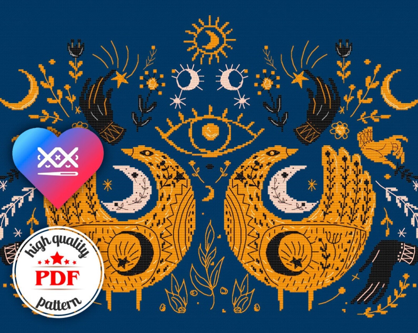 Birds, Sun and Moon, Esoteric Symbols Cross Stitch Pattern PDF ...