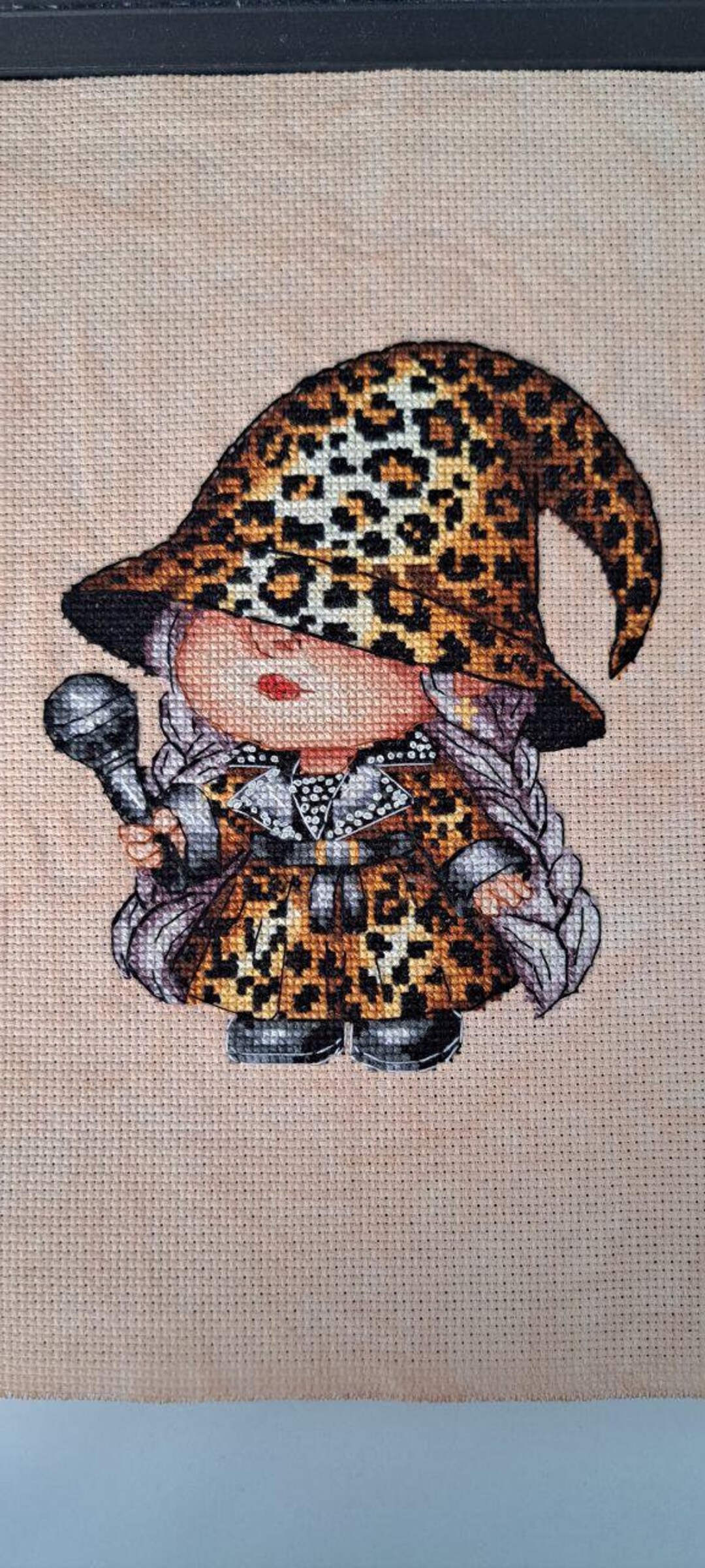 Gnome Girl With a Microphone in a Leopard Print Costume Cross-stitch ...