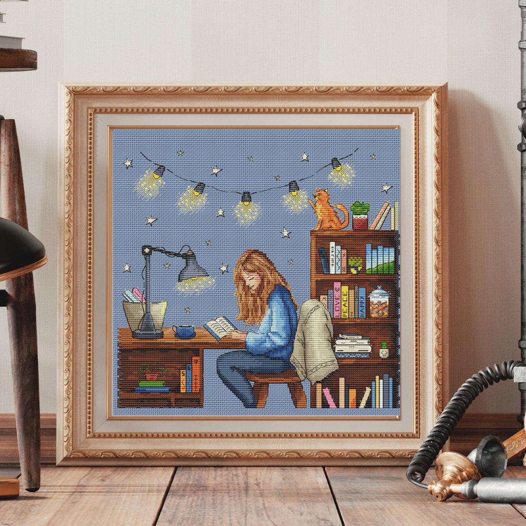 Girl Reading Cross Stitch Pattern, Girl & Red Cat X-stitch Design ...