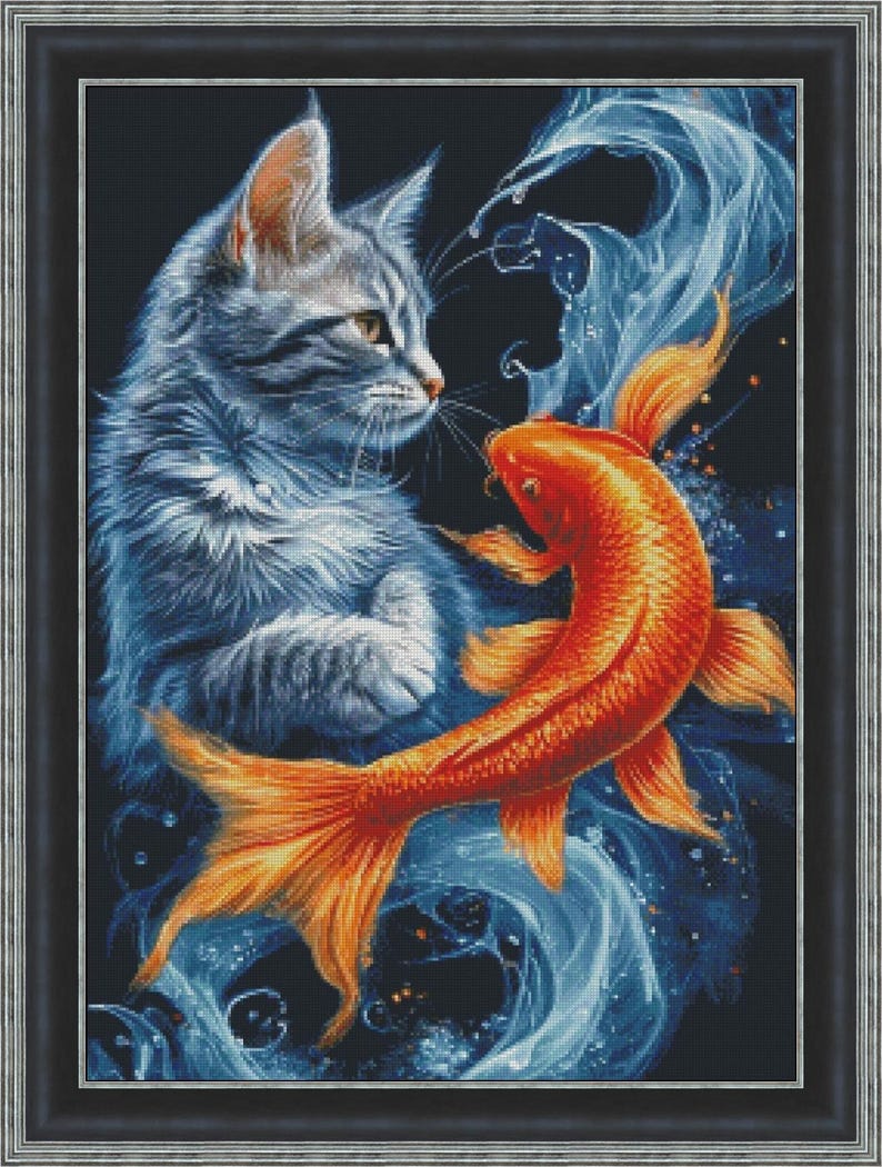 Cat and Fish Cross Stitch Pattern, Animal X-stitch, Koi Carp Design ...