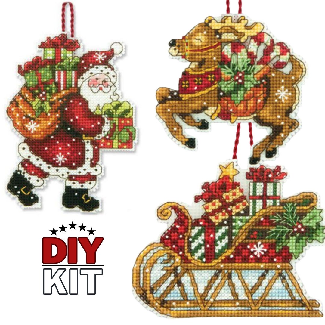 Christmas Ornaments Cross Stitch Kits, Cute Santa, Reindeer and Sleigh ...