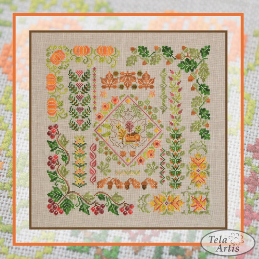 Autumn Sampler Cross Stitch Pattern, Pumpkins, Acorns & Maple Leaves ...
