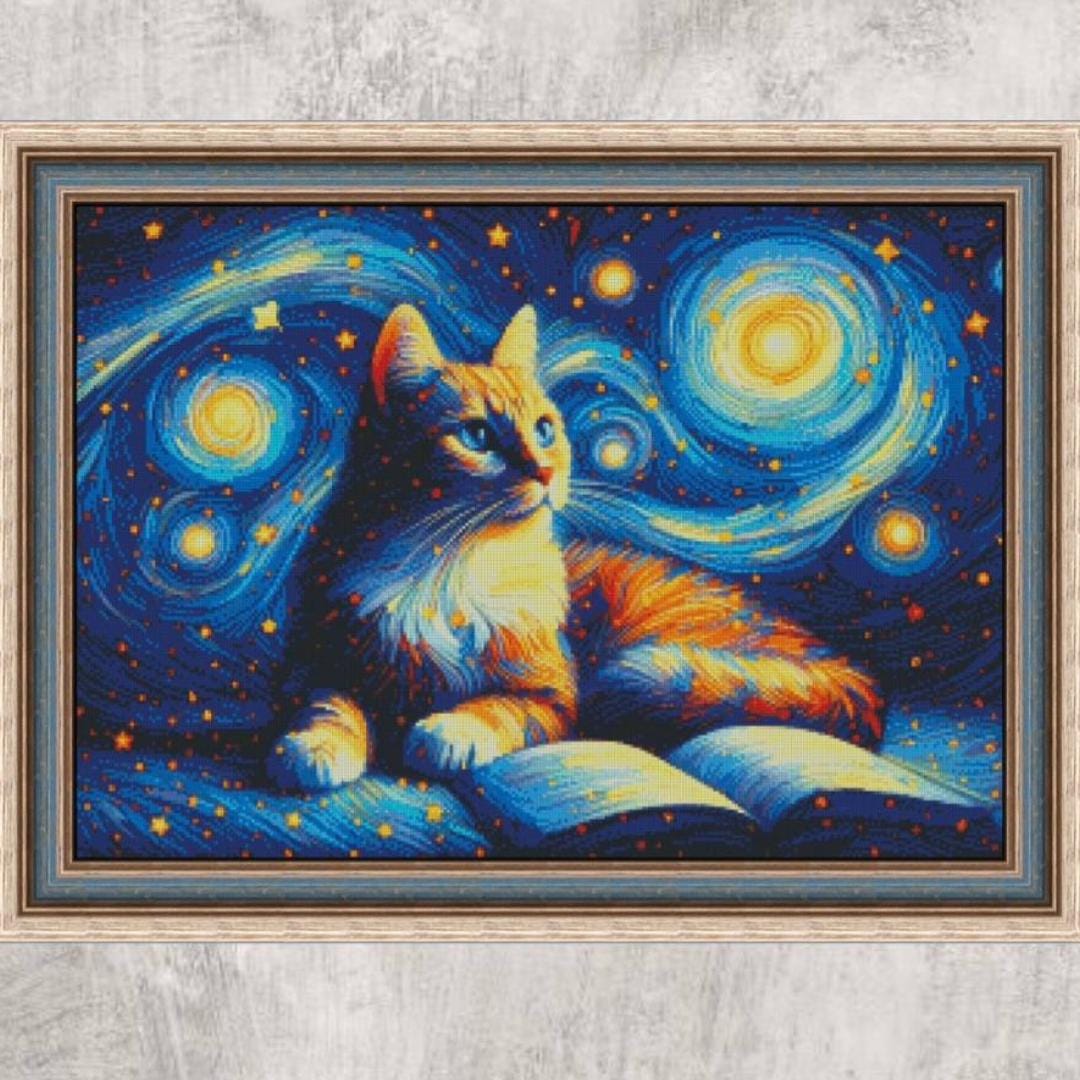 Cat Cross Stitch Pattern, Ginger Cat X-stitch, Red Cat & Book Digital ...
