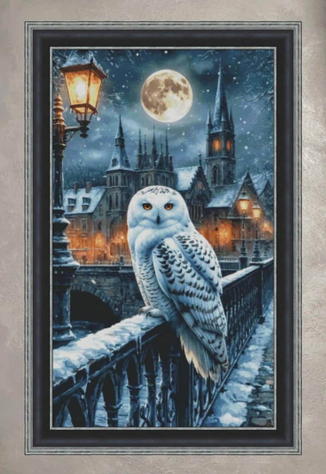 Snowy Owl on Bridge Cross Stitch Pattern, Winter Night Castle X-stitch ...
