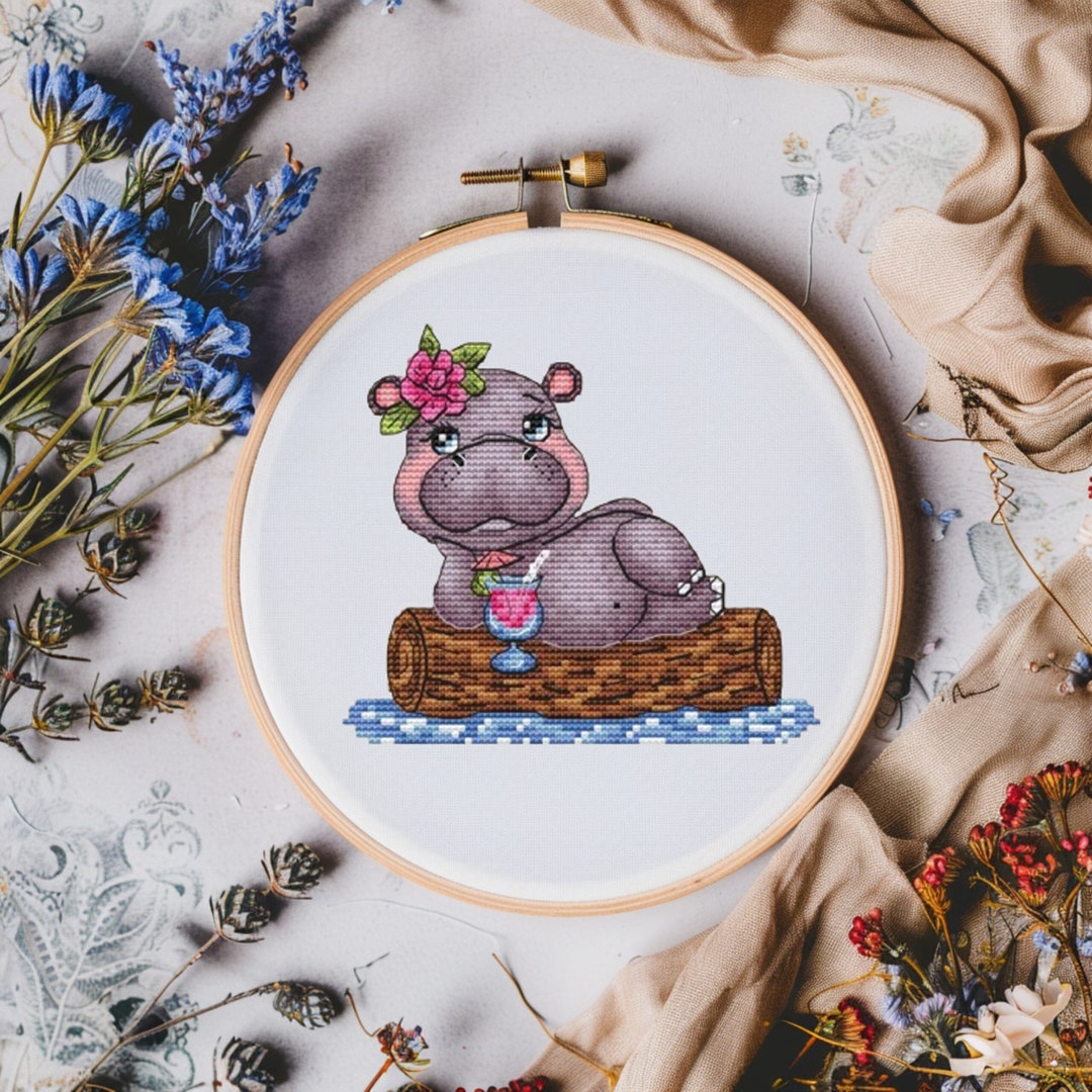 Hippo Girl on the Beach Cross Stitch Pattern, Summertime Hippo Counted ...
