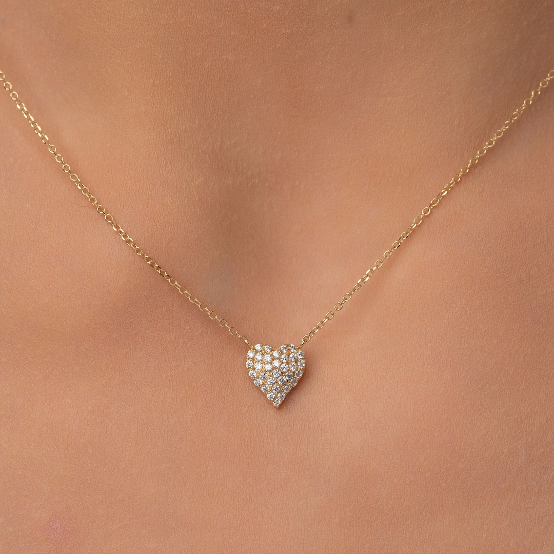 Real Diamond Heart Necklace, 14K Solid Gold Pave Diamond Love Heart ...