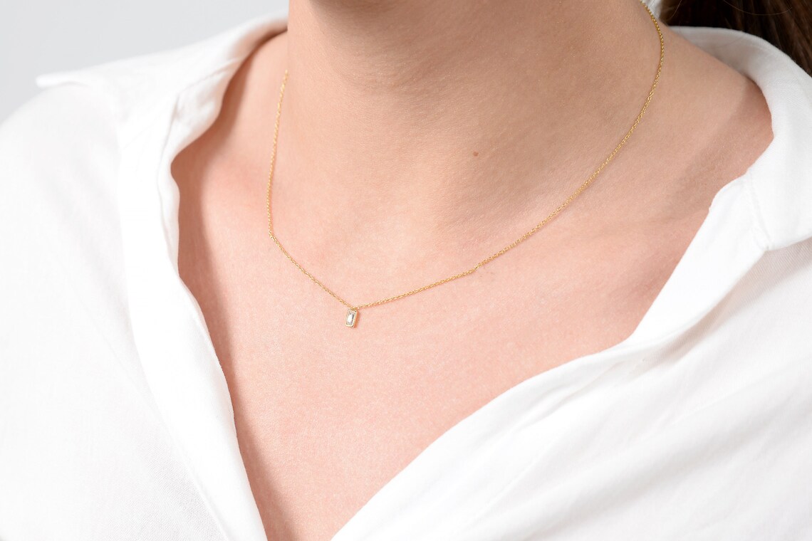 Diamond Baguette Necklace Dainty Diamond Necklace Bezel - Etsy