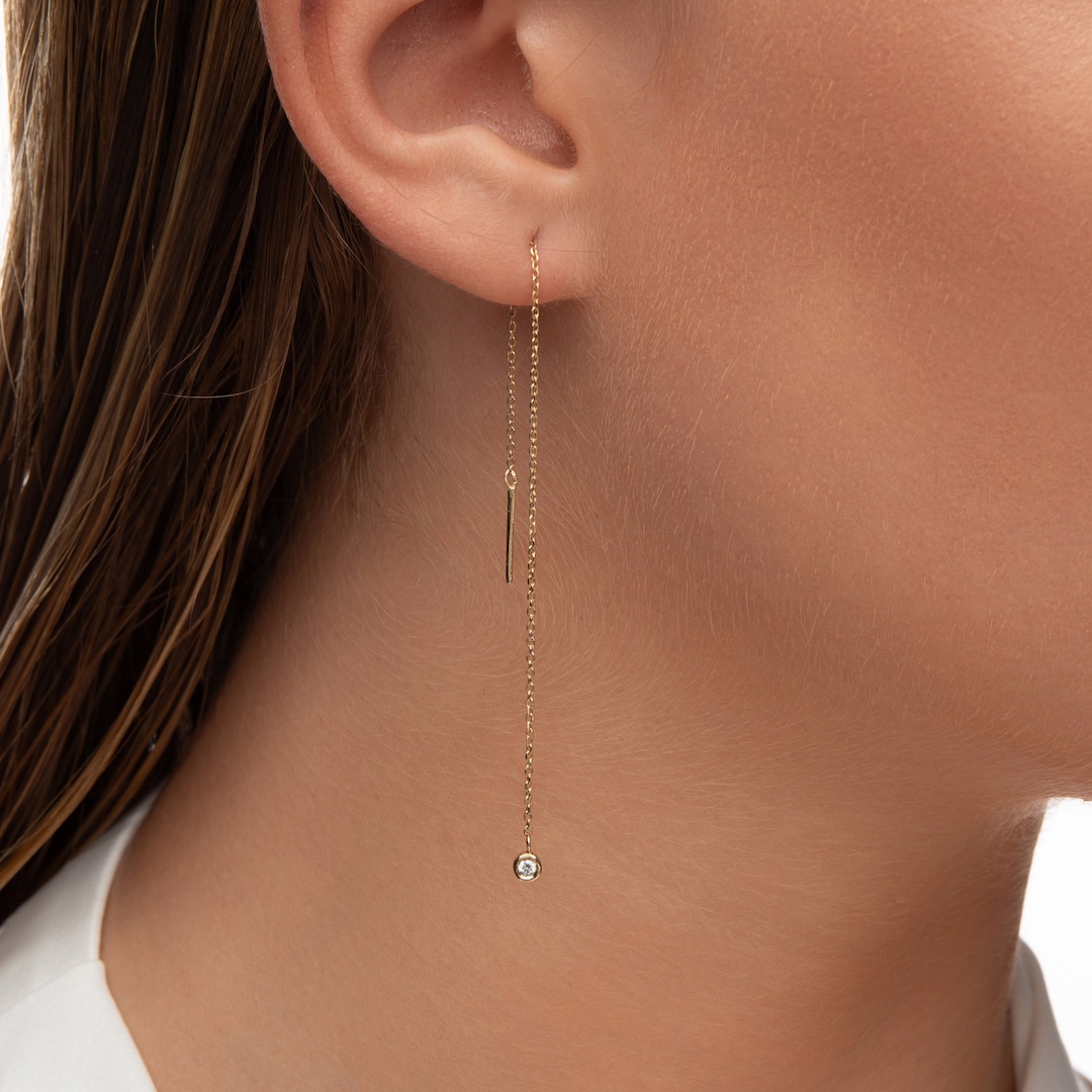 14k Solid Gold Long Threader Earrings - Diamond Threader Earrings - Long Chain Threader Earring ...