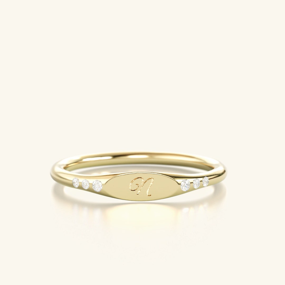 Mini Signet Diamond Ring / 14k Solid Gold Signet Diamond Ring / Dainty ...