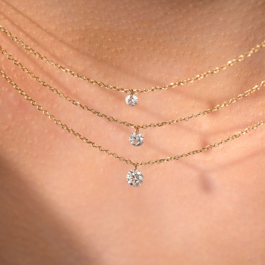 14K Solid Gold Diamond Solitaire Necklace: Dainty 360 Design - Etsy