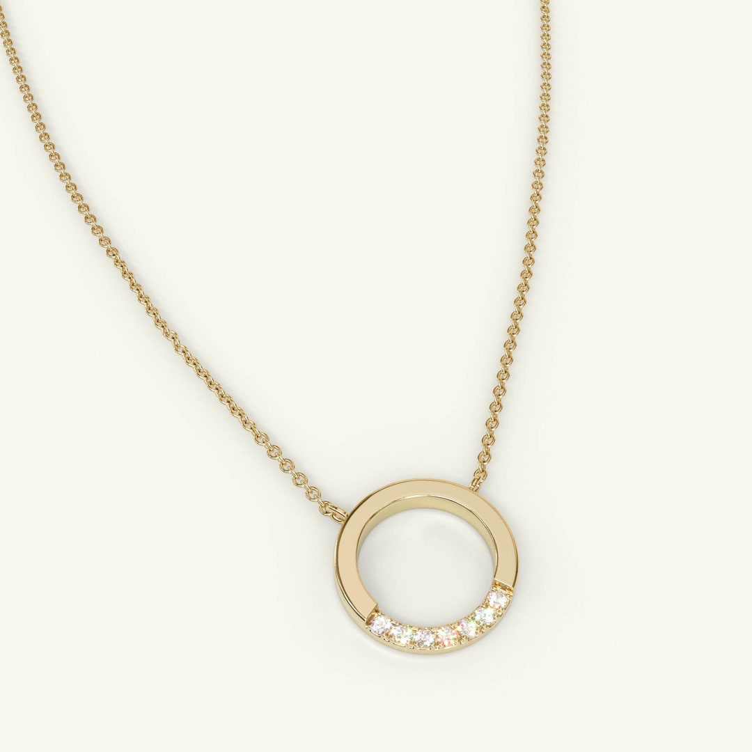 14k Solid Gold Diamond Circle Necklace: Minimalist Karma Pendant - Etsy