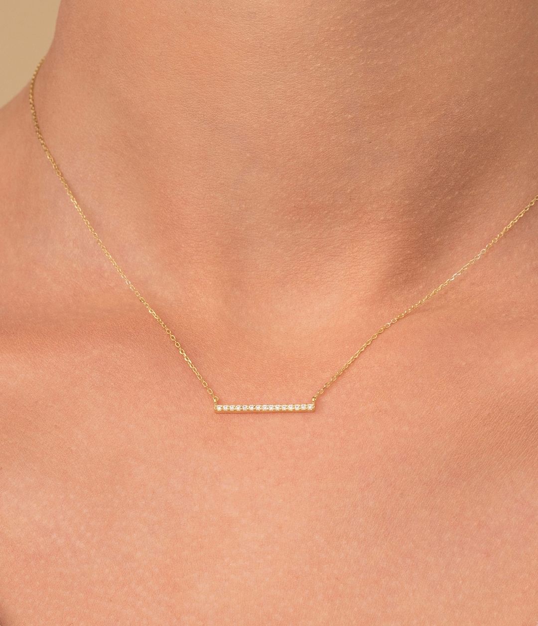 Diamond Bar Necklace / 14κ Solid Gold Bar Necklace With Diamonds/ 14k ...