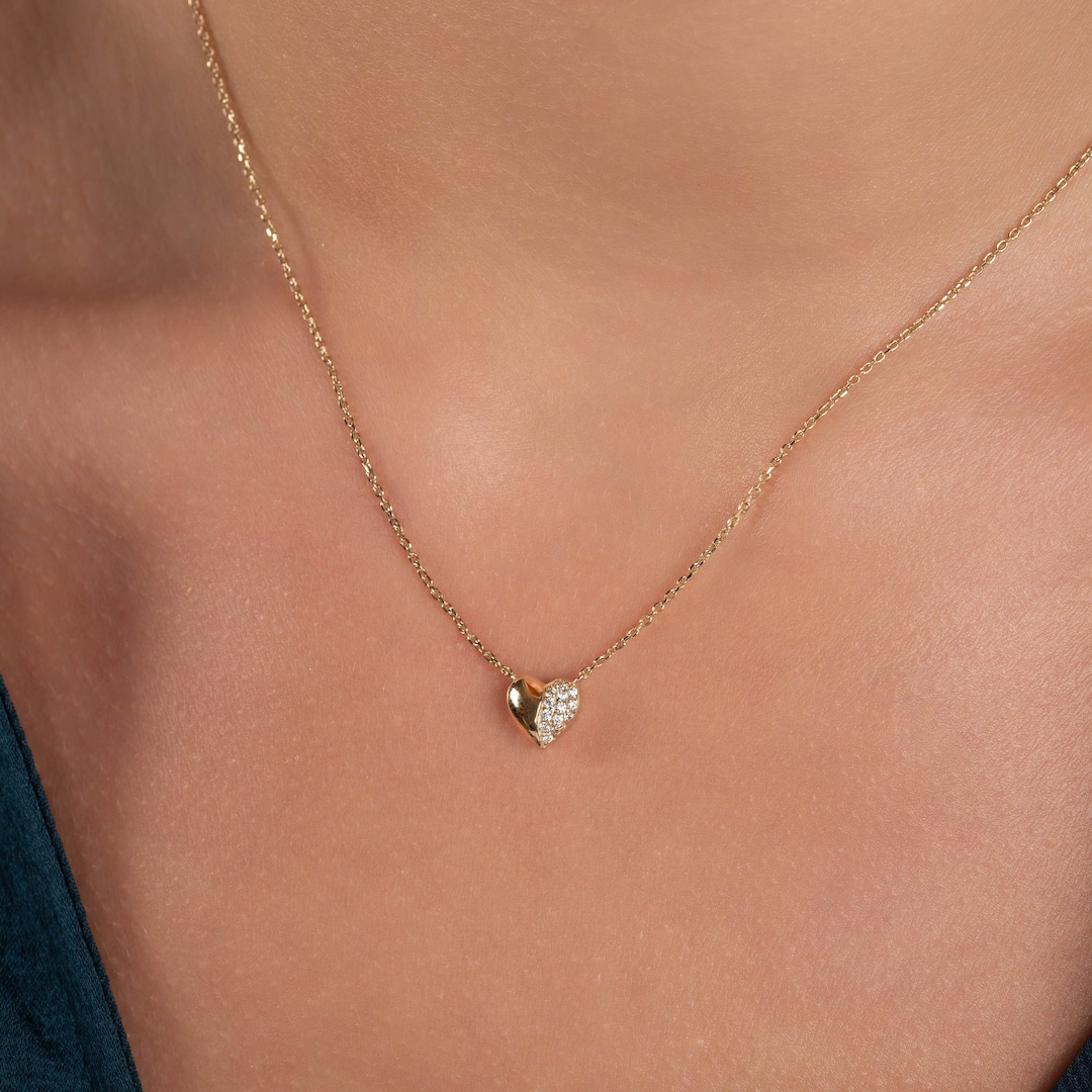 Heart Diamond Necklace / Pave Heart Necklace / Delicate Heart Necklace ...