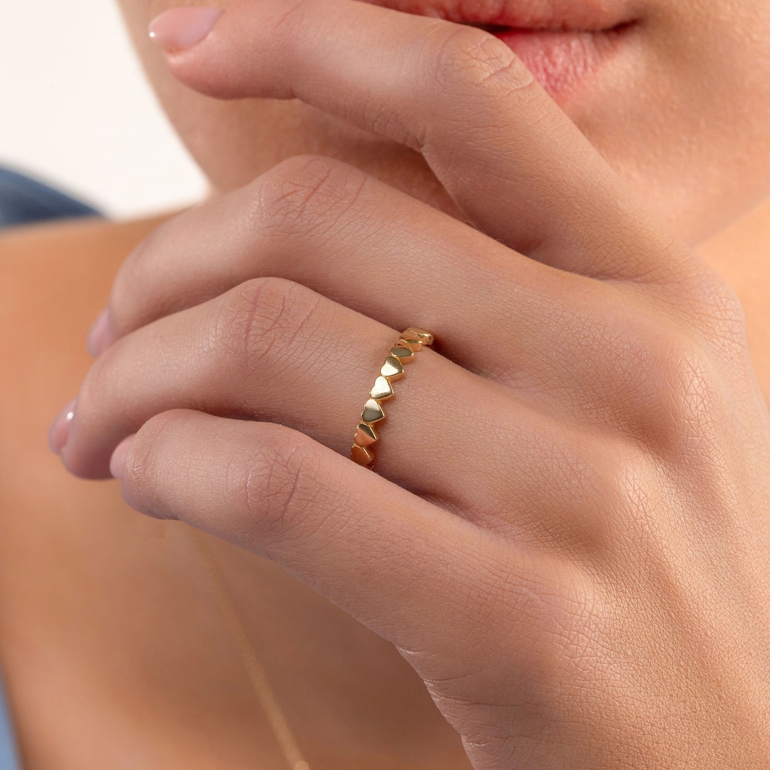 14K Solid Gold Heart Wedding Band / 14k Solid Gold Ring / Heart Eternity Gold Band / Dainty ...