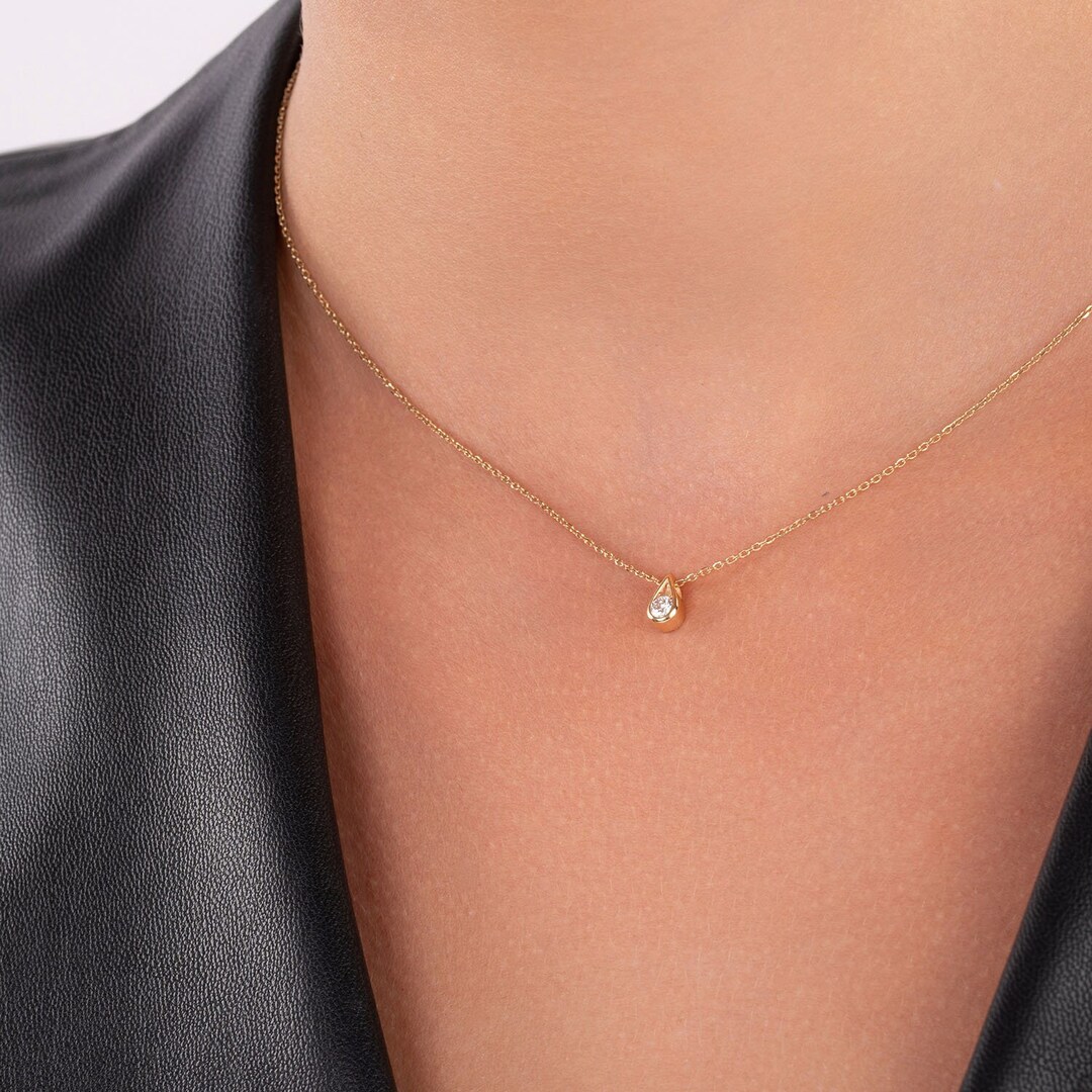 14K Solid Gold Diamond Solitaire Necklace: Dainty Minimalist Design - Etsy