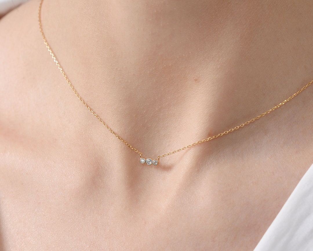 Dainty Solid Gold Trio Diamond Necklace / Tiny Diamond Bar Necklace With Three Real Diamonds ...