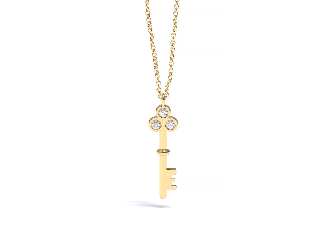 Diamond Key Necklace, 14K Real Solid Gold Tiny Key Charm Pendant ...