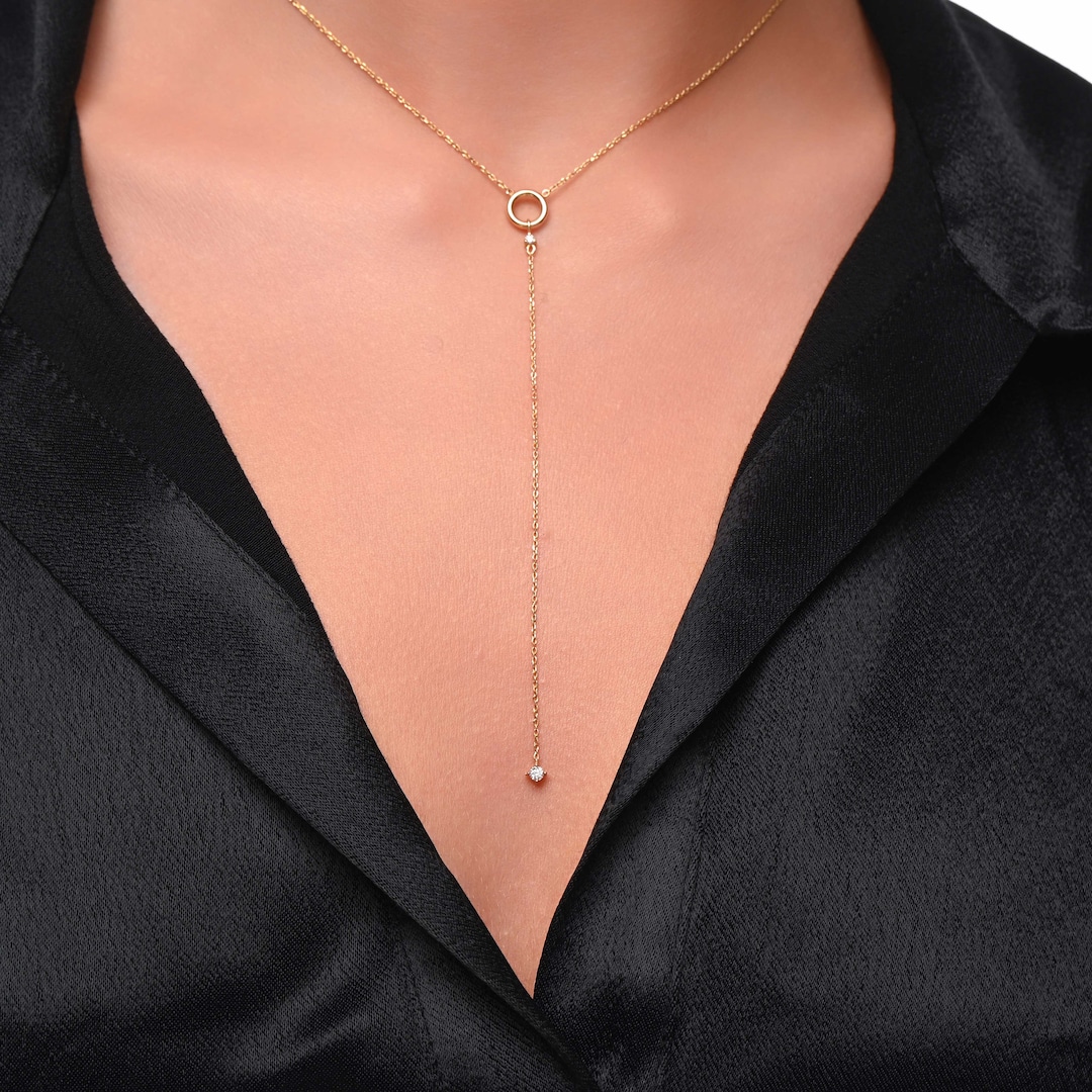 14k Gold Lariat Necklace / Gold Long Necklace Set / Y Necklace ...