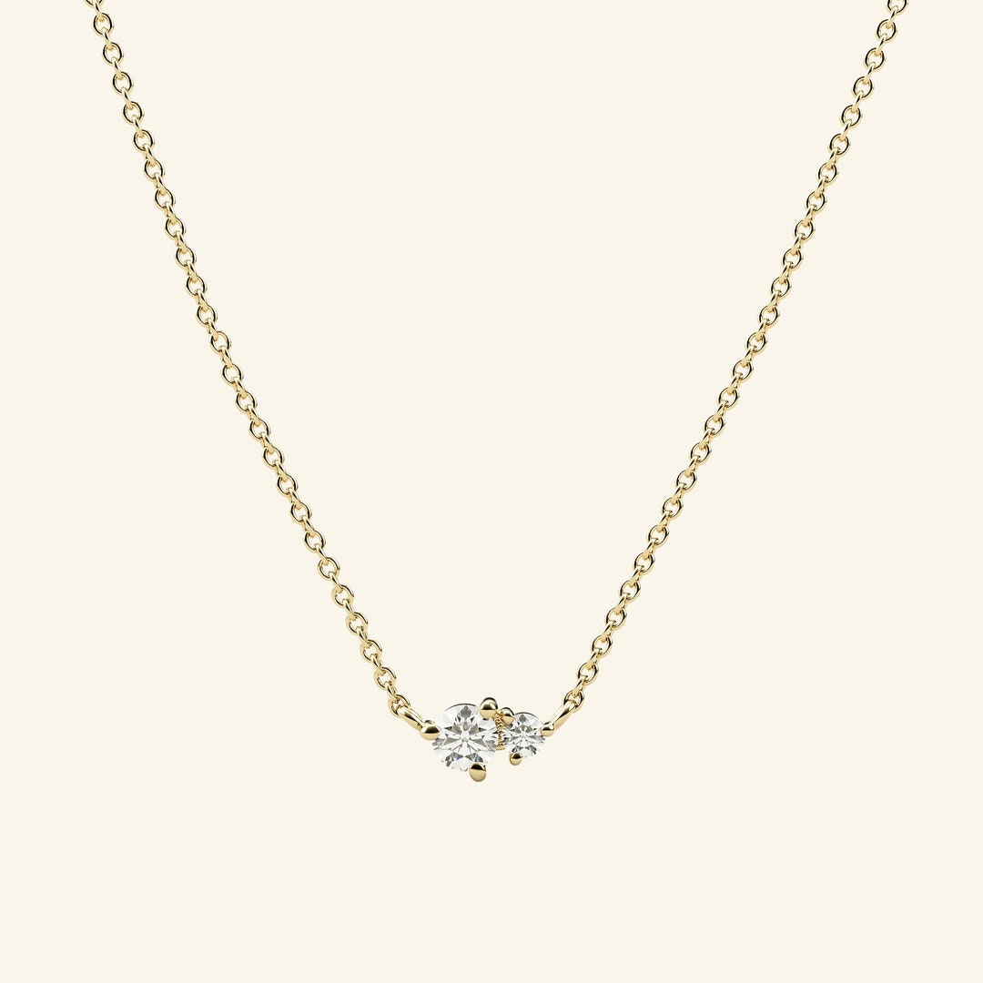 Solitaire Two-diamond Necklace / 14k Solid Gold Real Diamond Necklace ...