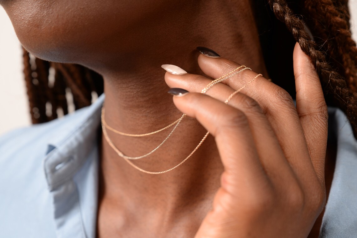 Solid Gold Layered Chain Necklace / 14K Solid Gold Layering | Etsy