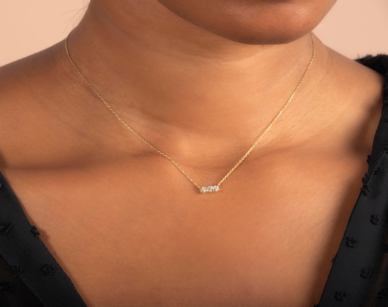 14k Gold Trio Diamond Necklace: Delicate Stone Pendant - Etsy