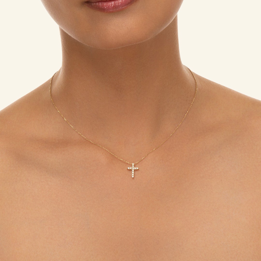 Dainty Diamond Cross Necklace / 14k Gold Cross Necklace / Small Diamond ...