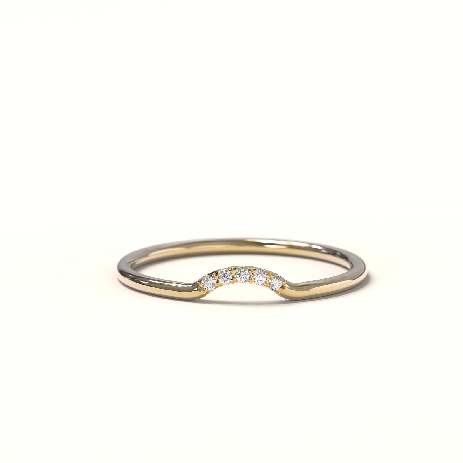 14k Solid Gold Curved Diamond Ring: Dainty Wedding Jewelry - Etsy