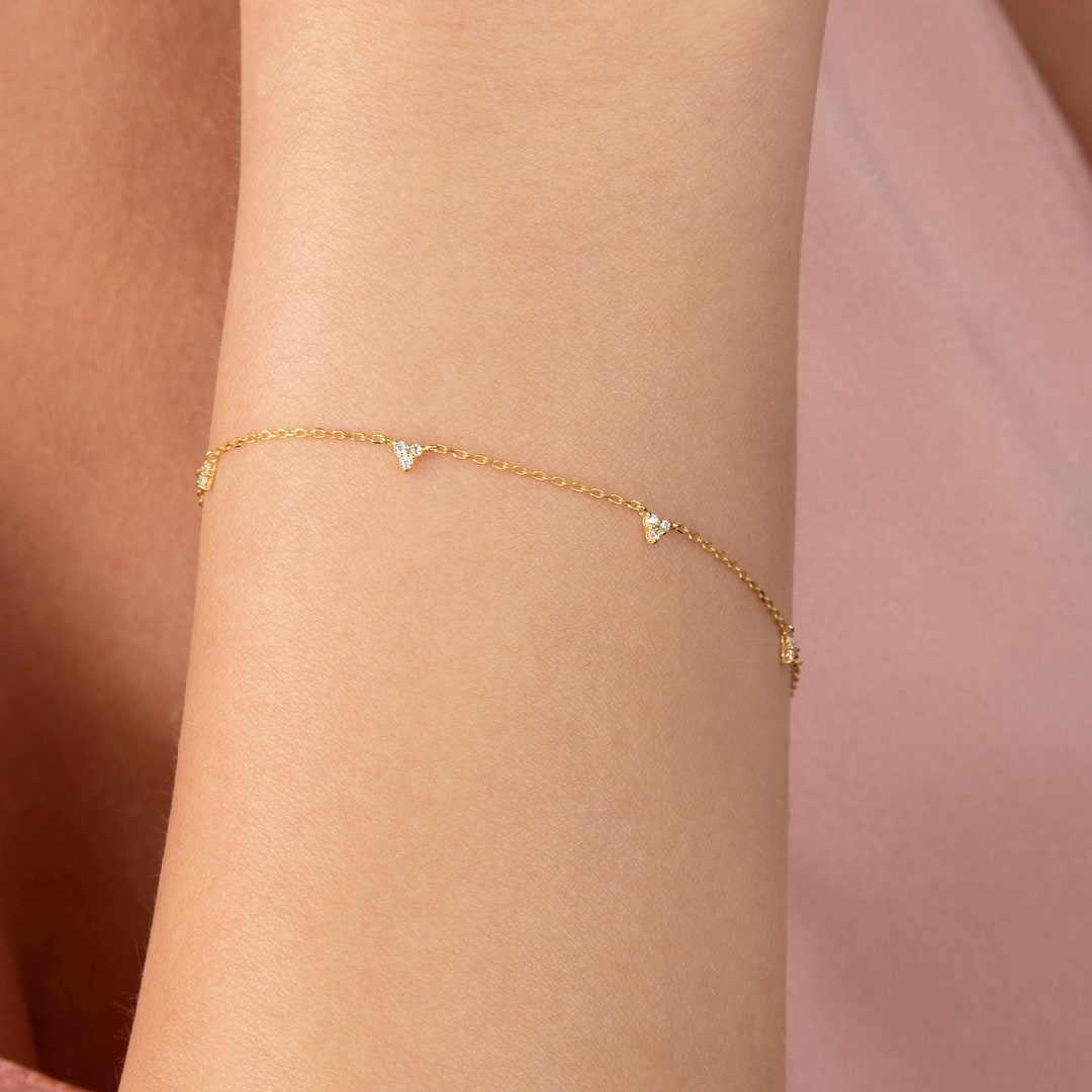 Station Diamond Bracelet / 14k Solid Gold Solitaire Bracelet / Thin ...