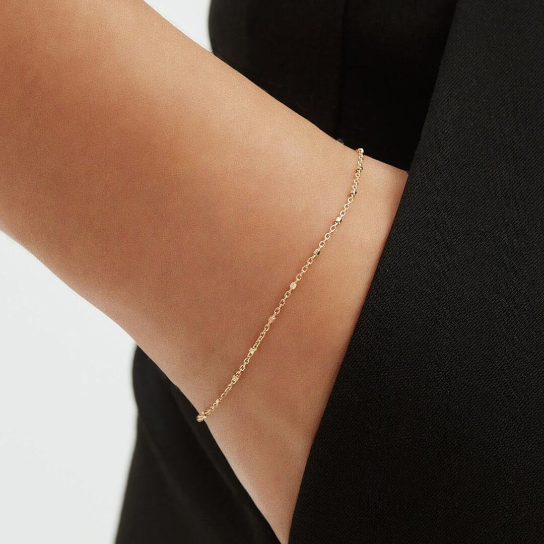 14K Solid Gold Beaded Chain Bracelet: Minimalist Everyday Jewelry - Etsy
