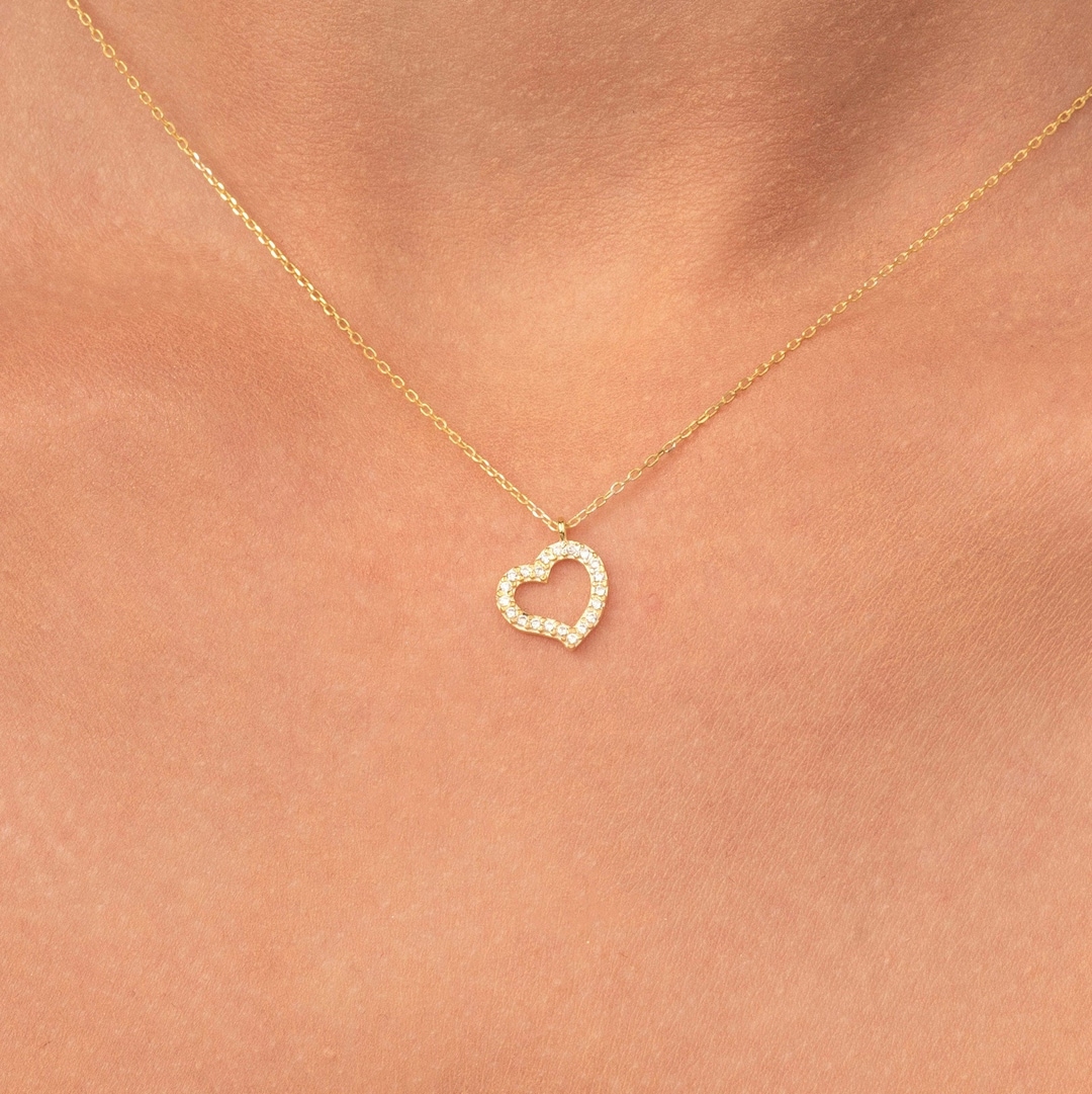 14k Solid Gold Heart Diamond Necklace, Open Heart Diamond Necklace ...