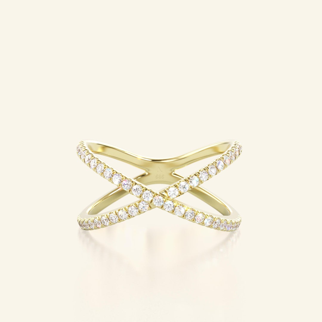 14k Diamond X Ring / Solid Gold Crossed Ring / Criss Cross Ring ...