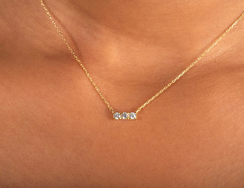 14k Gold Trio Diamond Necklace: Delicate Stone Pendant - Etsy