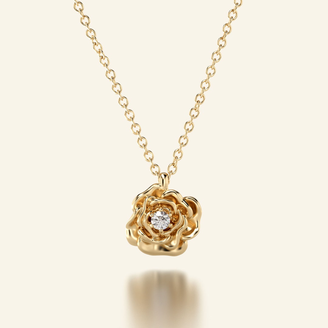 Rose Diamond Pendant / 14k Solid Gold Rose Necklace / Floral Jewelry ...