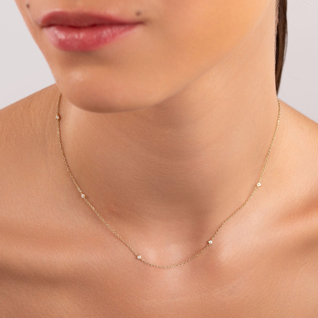 14k Gold Diamond Station Necklace, Solid Gold Station Necklace, 14k ...