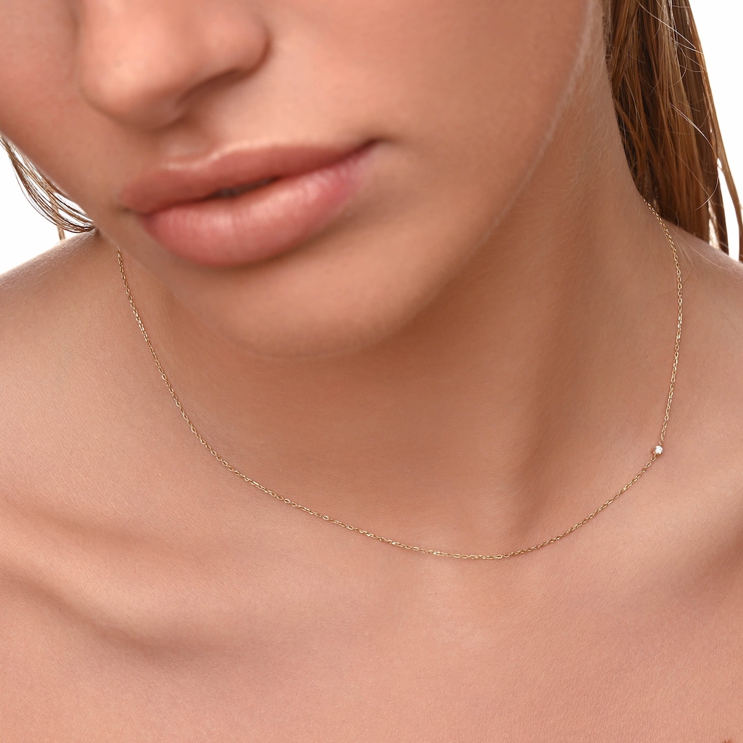 Dainty Diamond Choker Necklace / Two-sided 14K Solid Gold Diamond ...