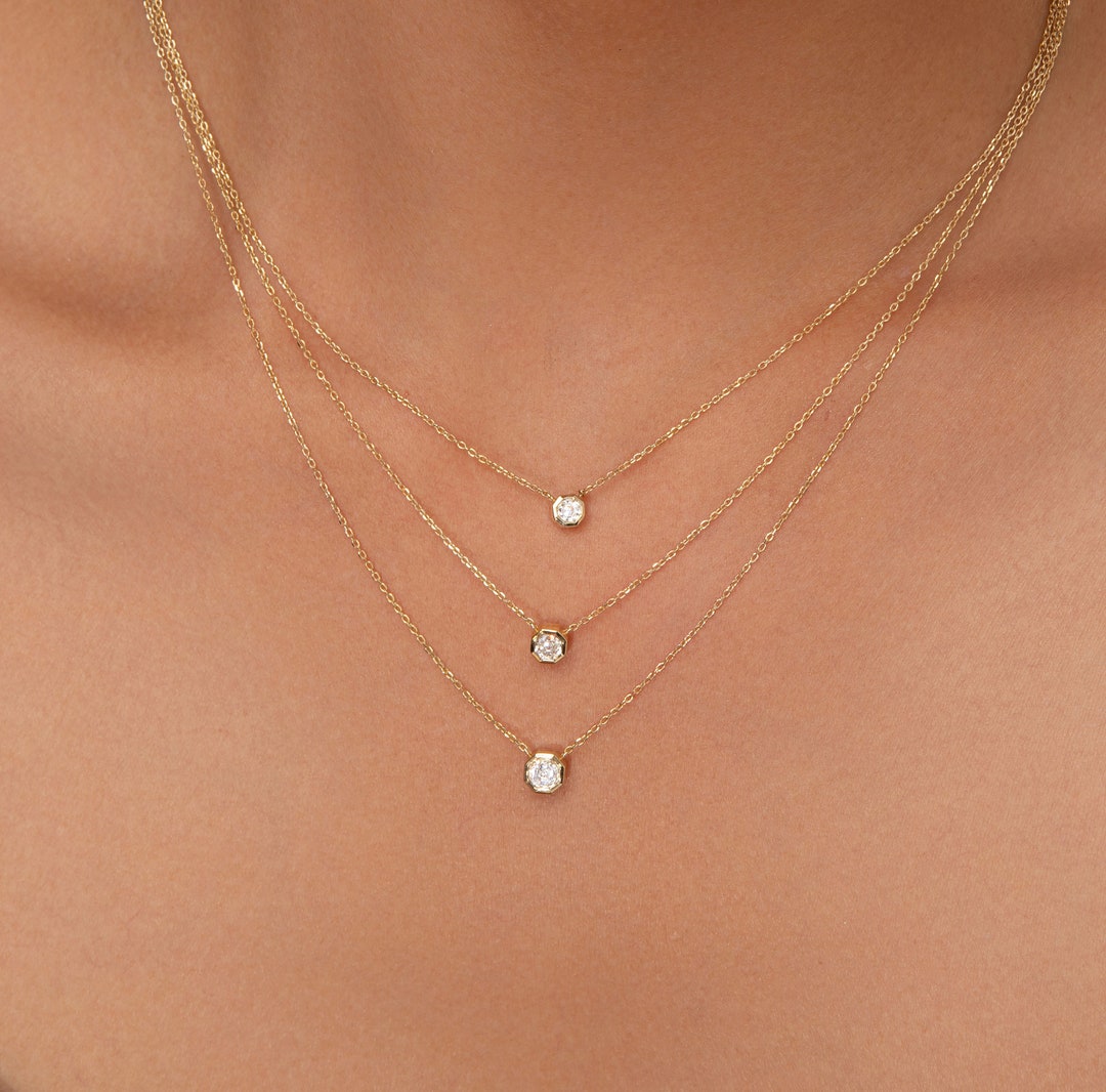 Solitaire Octagon Diamond Necklace / 14k Solid Gold Octagon Attached to ...