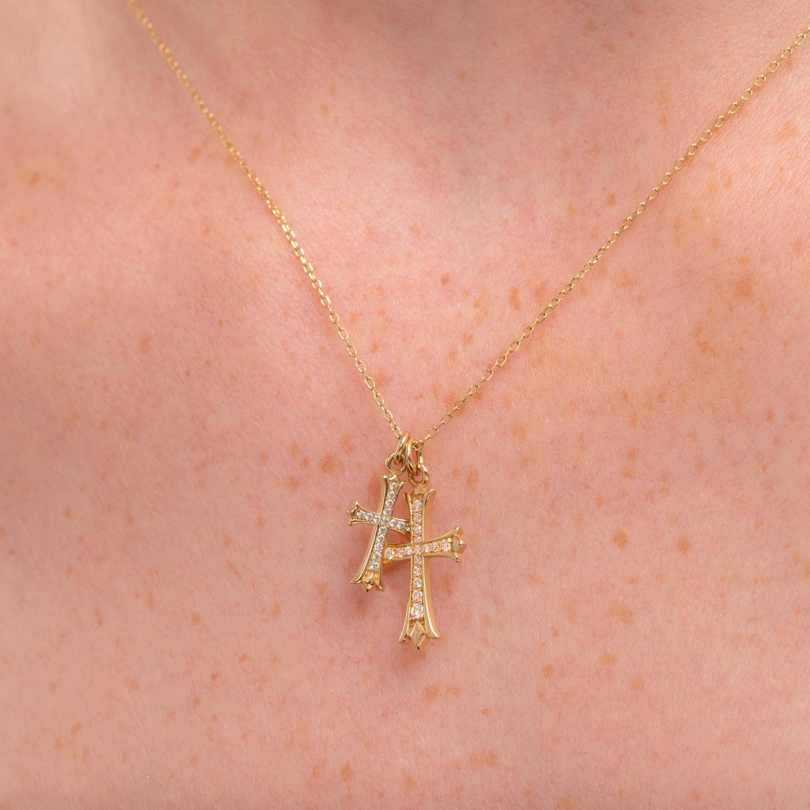 14k Solid Gold Double Cross Necklace: Diamond Religious Pendant 16"-18 ...