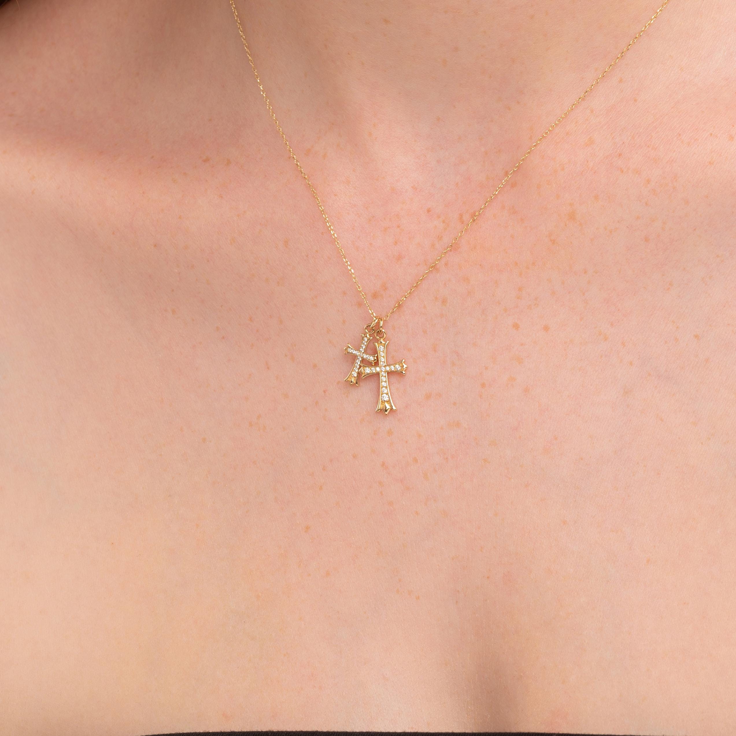 14k Solid Gold Double Cross Necklace: Diamond Religious Pendant 16"-18 ...