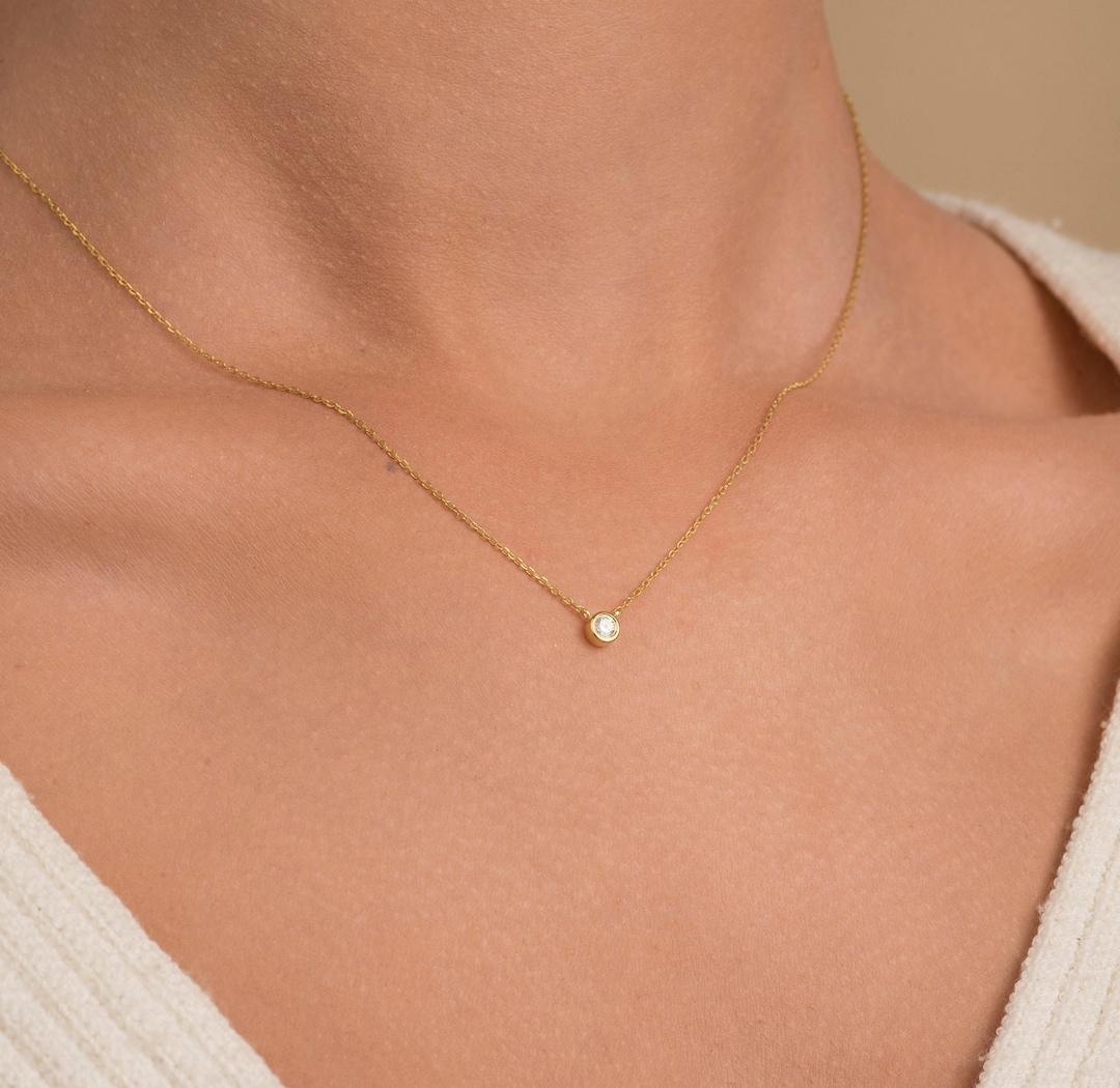 14k Gold Diamond Solitaire Necklace: Dainty Bezel Set - Etsy